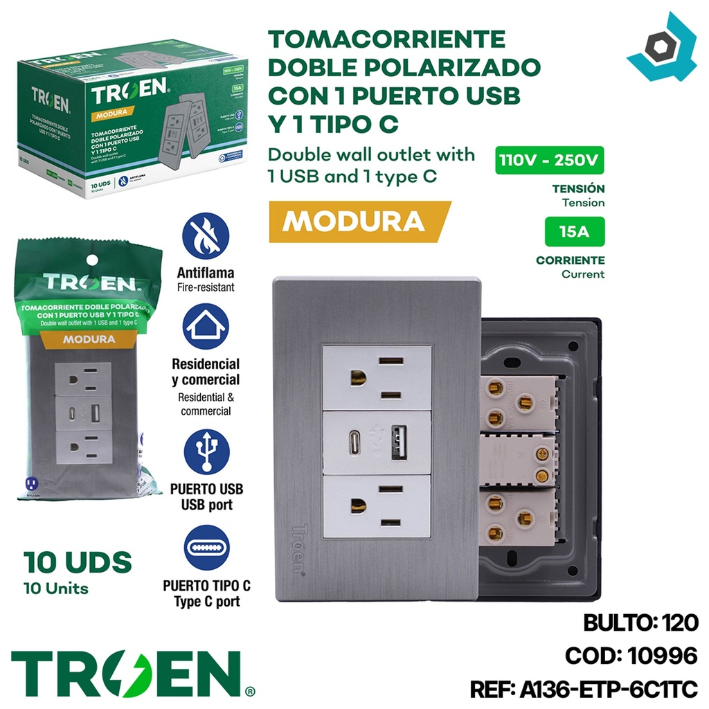 TOMACORRIENTE DOBLE CON UN USB Y UN TIPO C PLATEADO TROEN | Litani Import Export